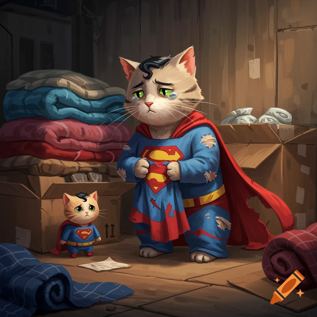 A sad cartoon cat dressed as Superman holding a torn costume, next to a ...