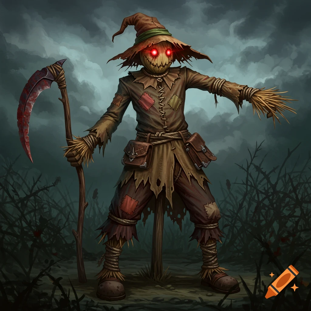 A tattered scarecrow with glowing red eyes holds a bloody scythe in a ...