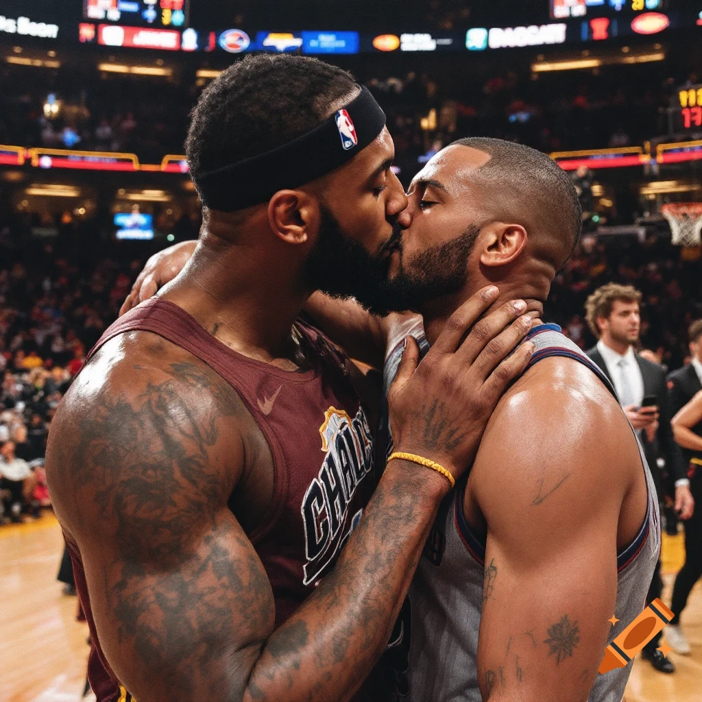 LeBron James and Stephen Curry sharing a kiss on Craiyon