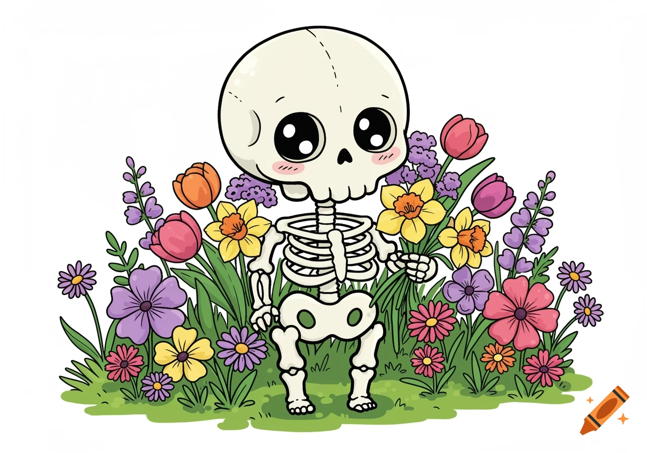 Cute spooky skeleton with springtime flowers, coloring book style on ...