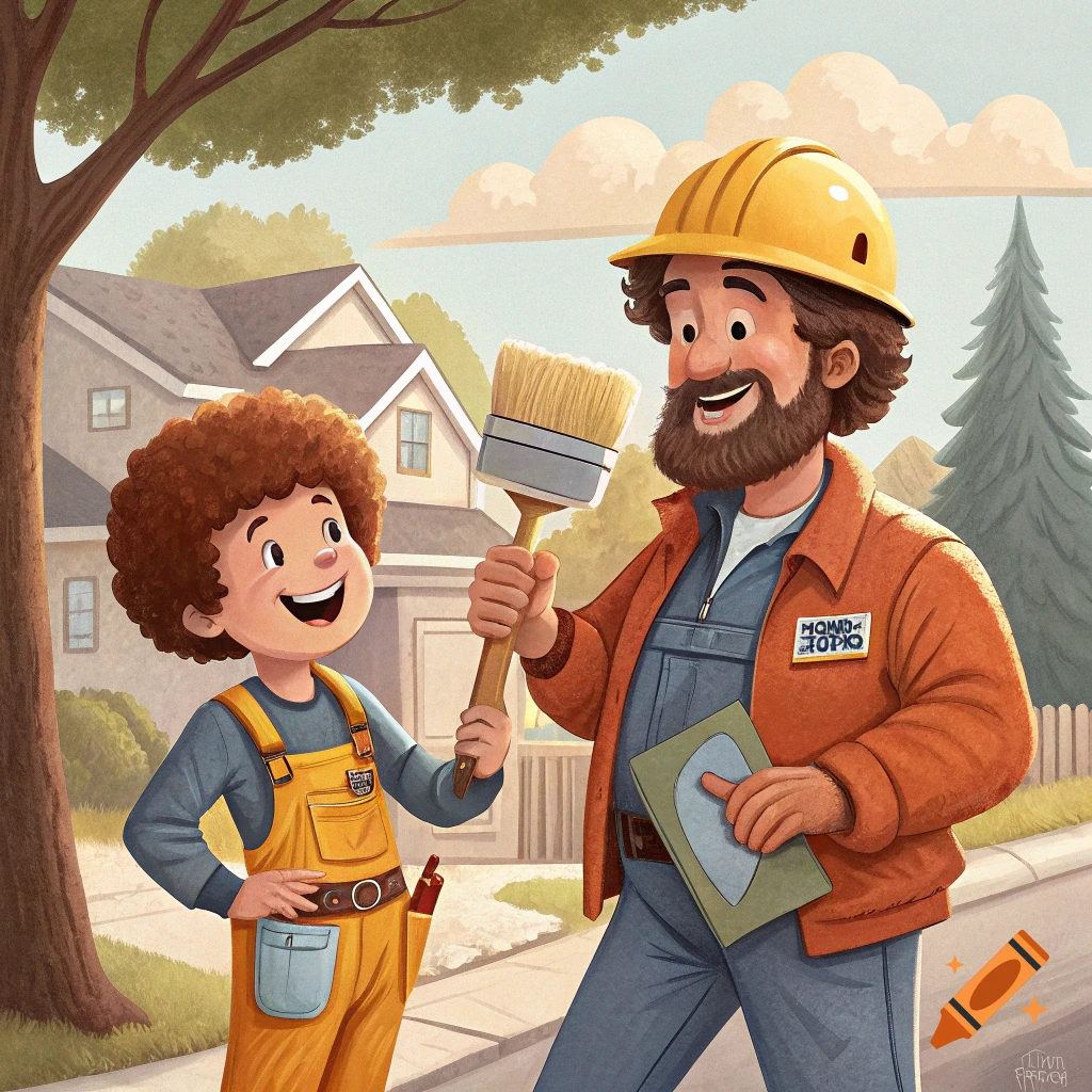 Four happy caricature architects, wearing hard hats and linked arms ...