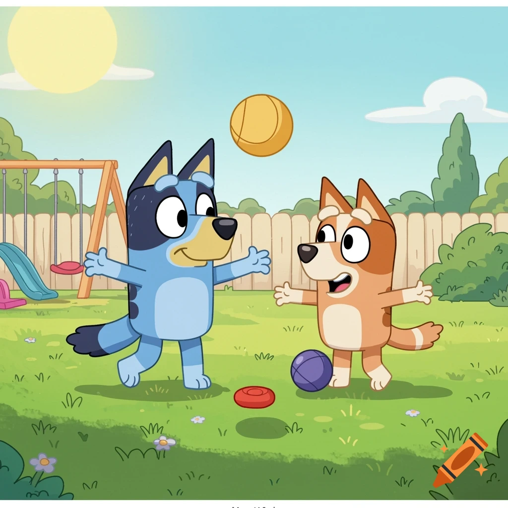 Bluey ties up Bingo to a tree with rope in a backyard in cartoon style ...