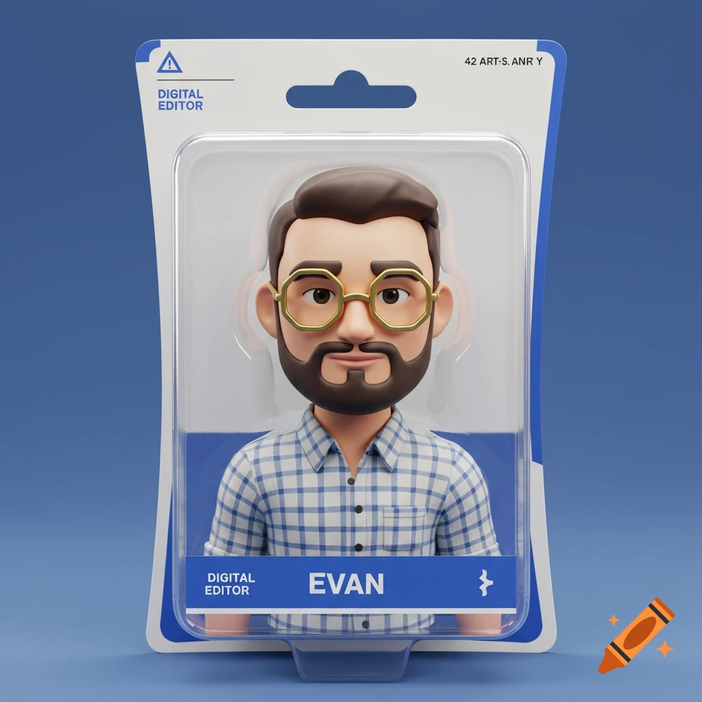 3D render of an action figure of a man in blister packaging, labeled ...