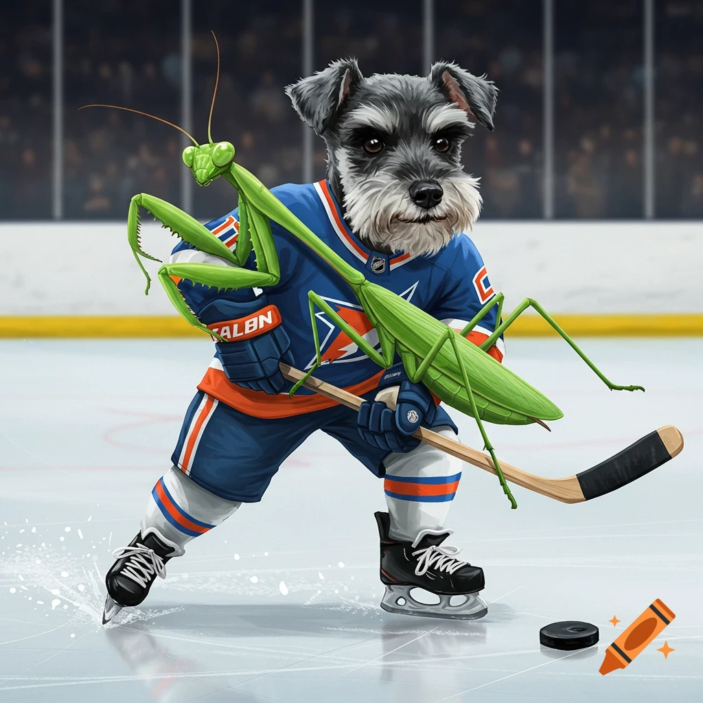 A schnauzer hockey player is celebrating with a large trophy in an ...