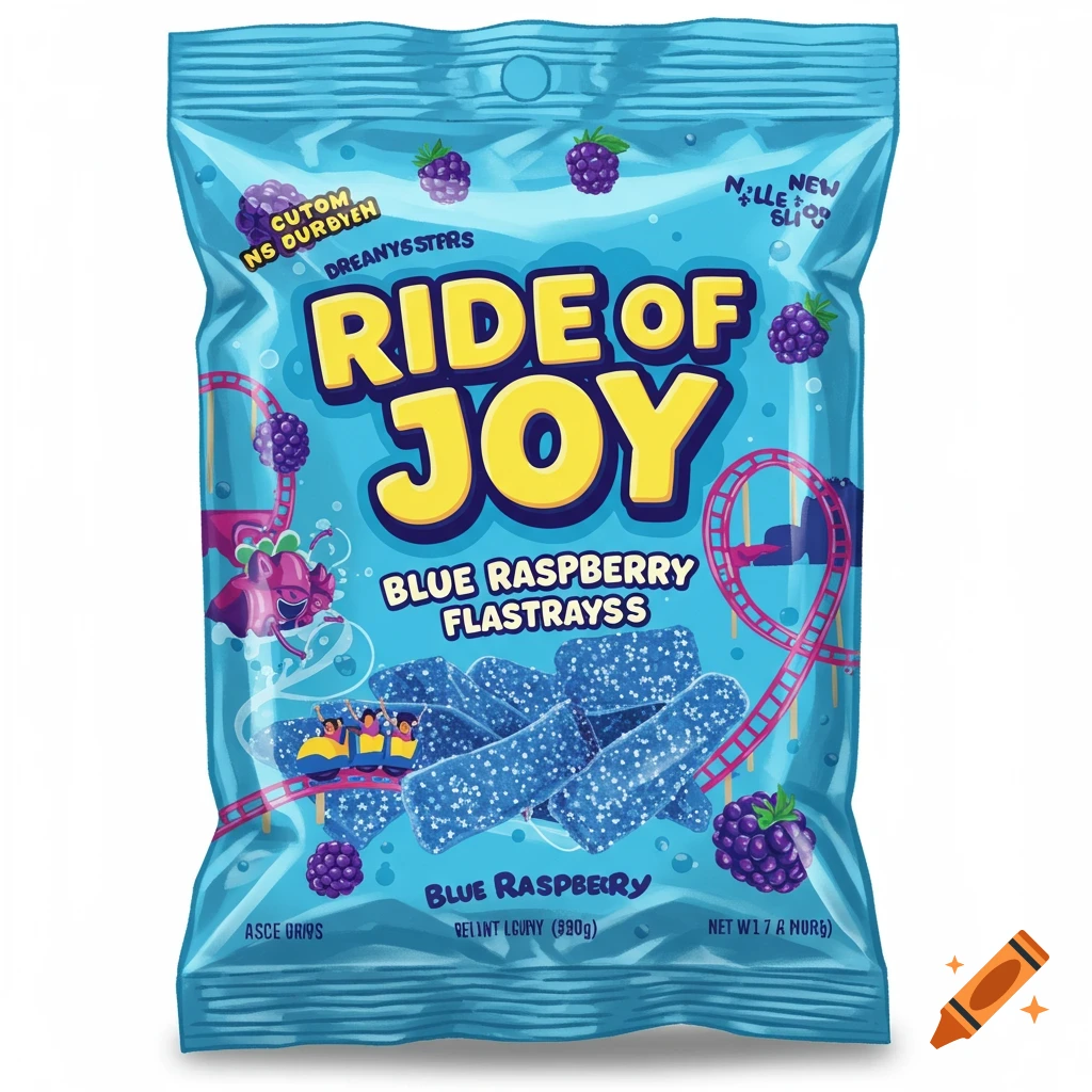 Custom Ride of Joy blue raspberry sour strip bag on Craiyon