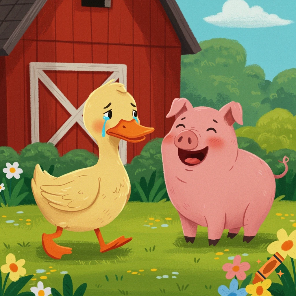 Sad duck and pig in a children’s book animation on Craiyon