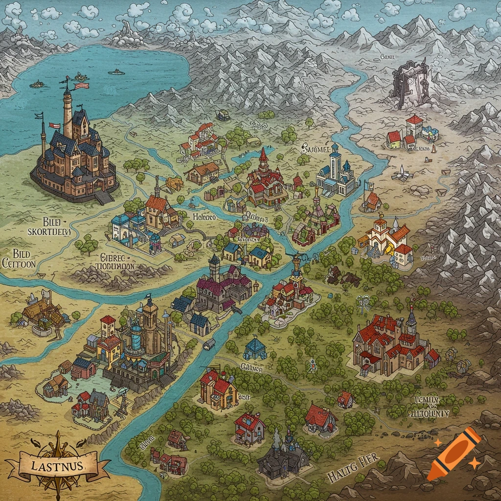 A detailed, hand-drawn style fantasy map of a large island with ...