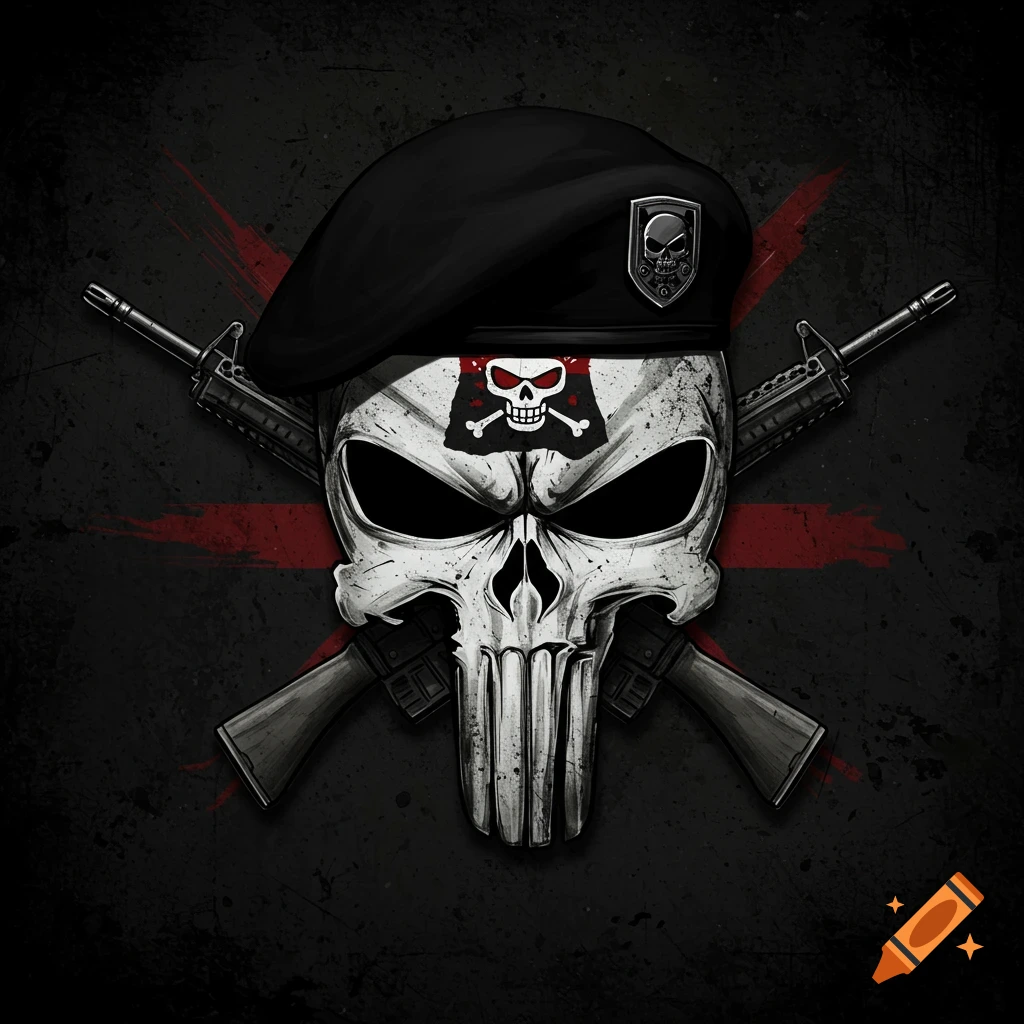 Punisher skull with army beret and crossed rifles flag on Craiyon