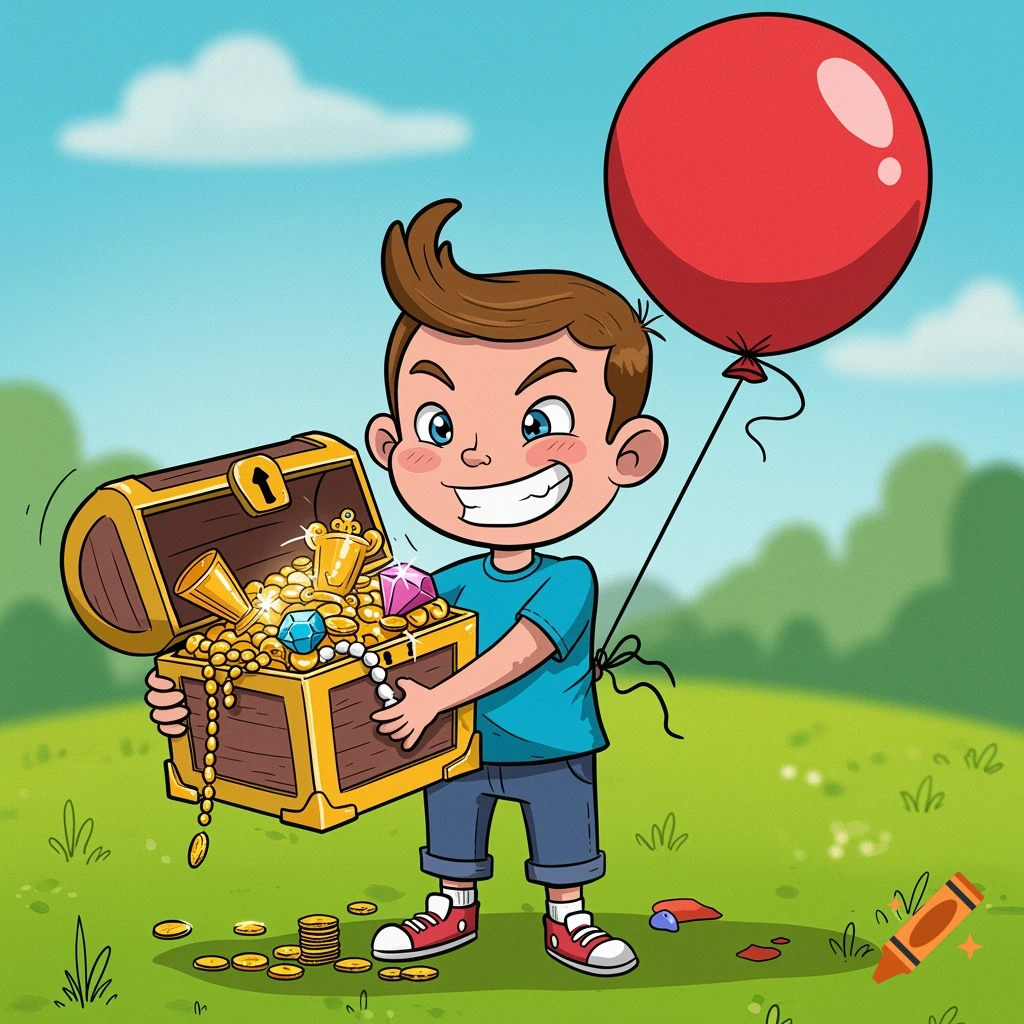 Illustration: Sammy holding treasure chest and deflating balloon on Craiyon