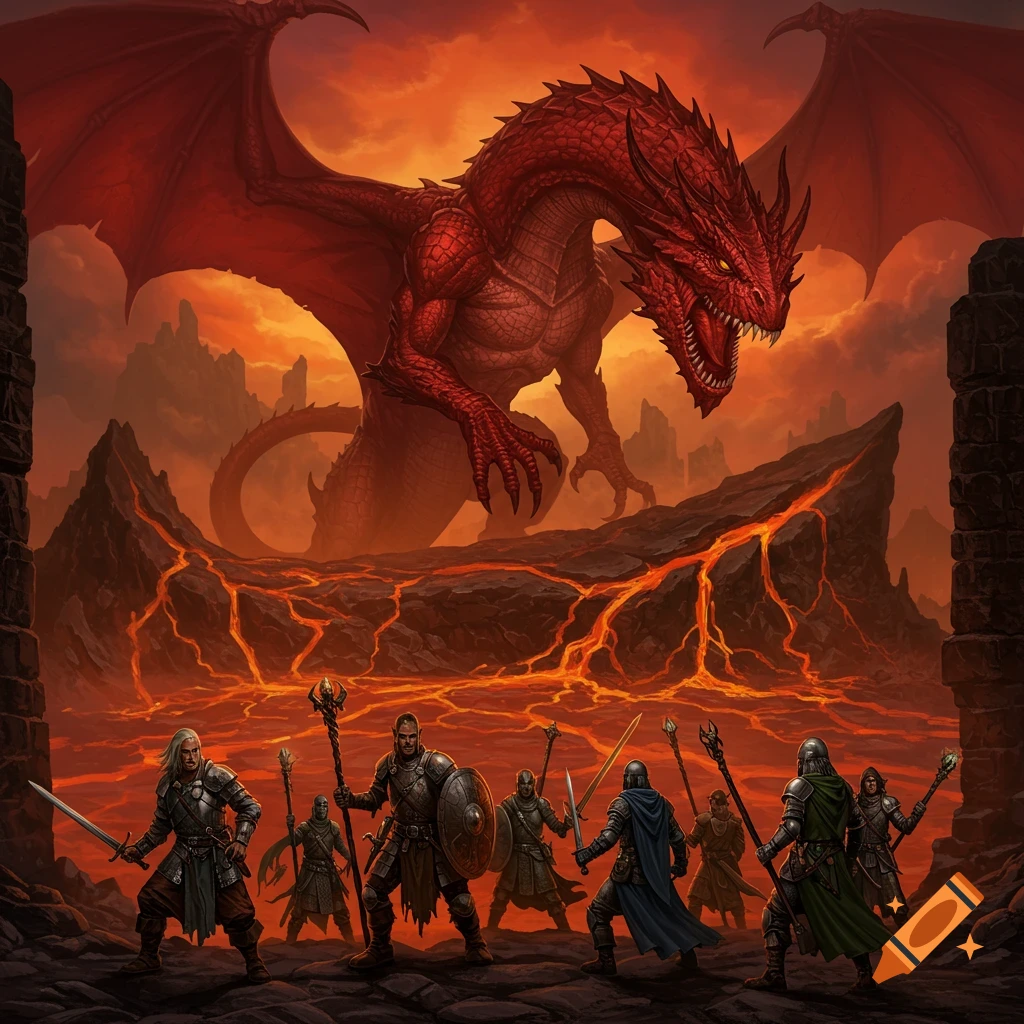 Red dragon over volcanic battlefield in Greg Rutkowski style on Craiyon