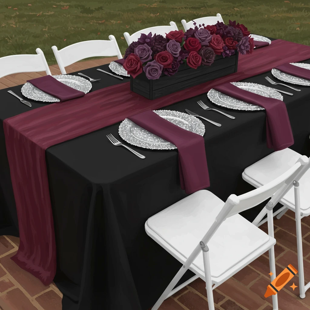 Rectangular table with black tablecloth, maroon table runner, white ...