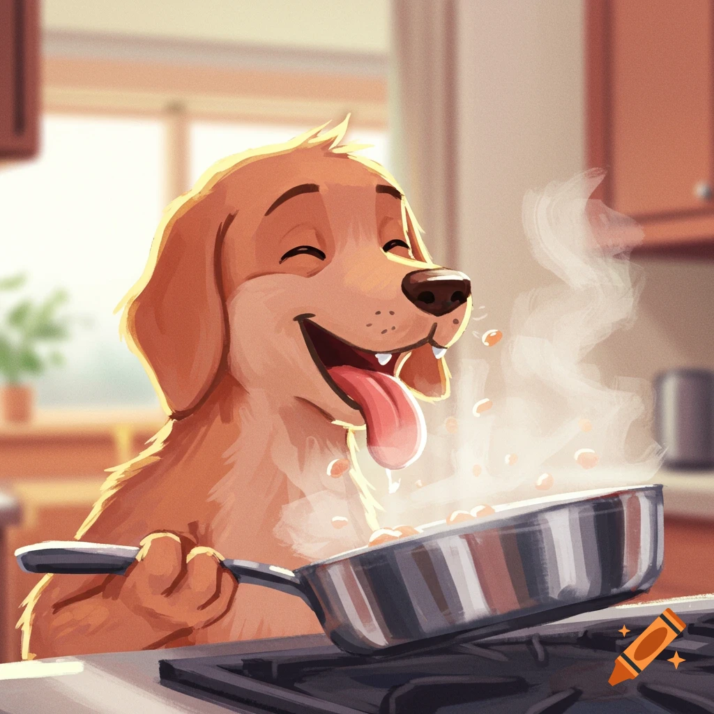 A cartoon dog happily cooks food in a pan on a stove. on Craiyon
