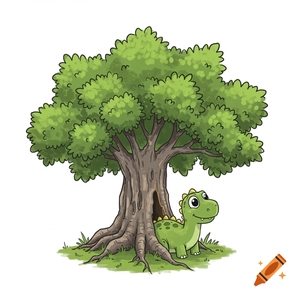 A green cartoon dinosaur stands next to a large tree on grassy ground ...