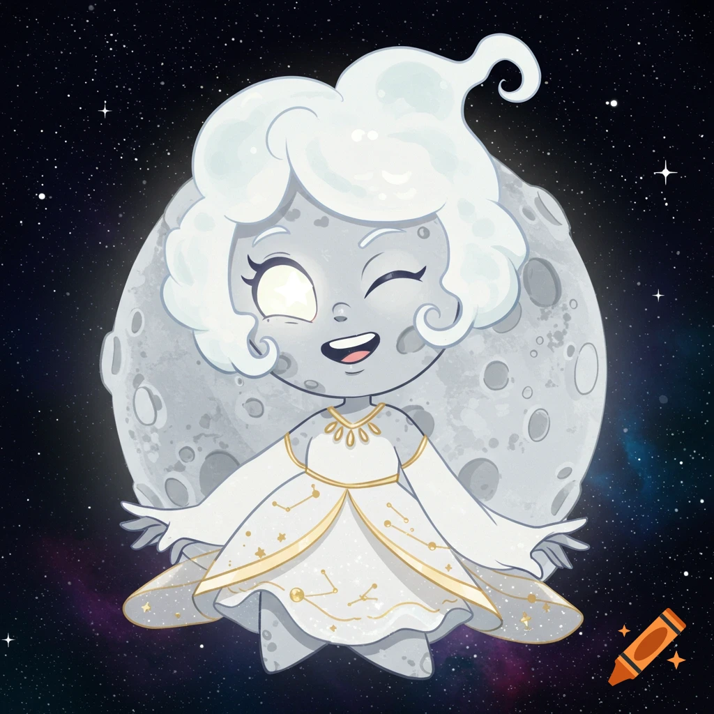 Cute cartoon moon girl character in white dress with stars, in space ...