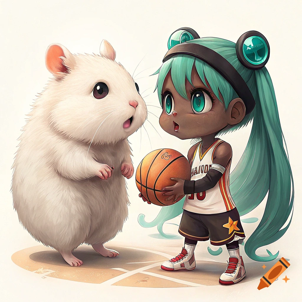 White baby chibi hamster with LeBron James and Hatsune Miku on Craiyon
