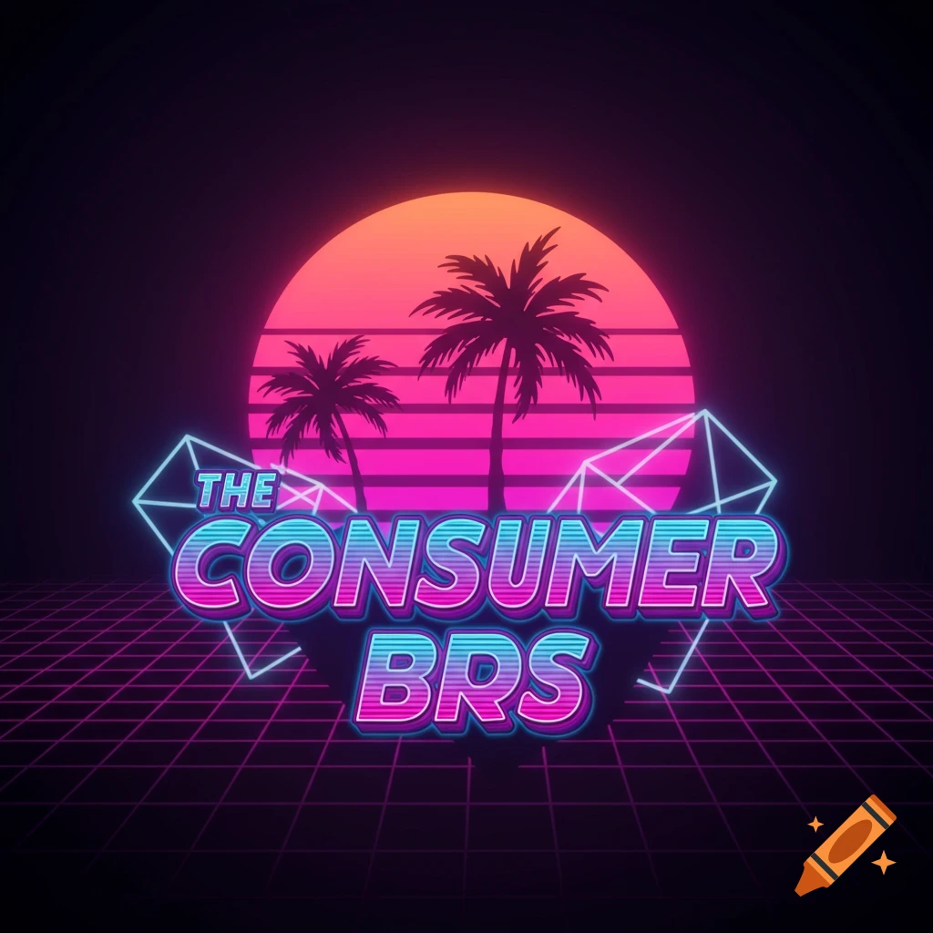Vaporwave logo with 80s typography, palm trees and geometric shapes on ...