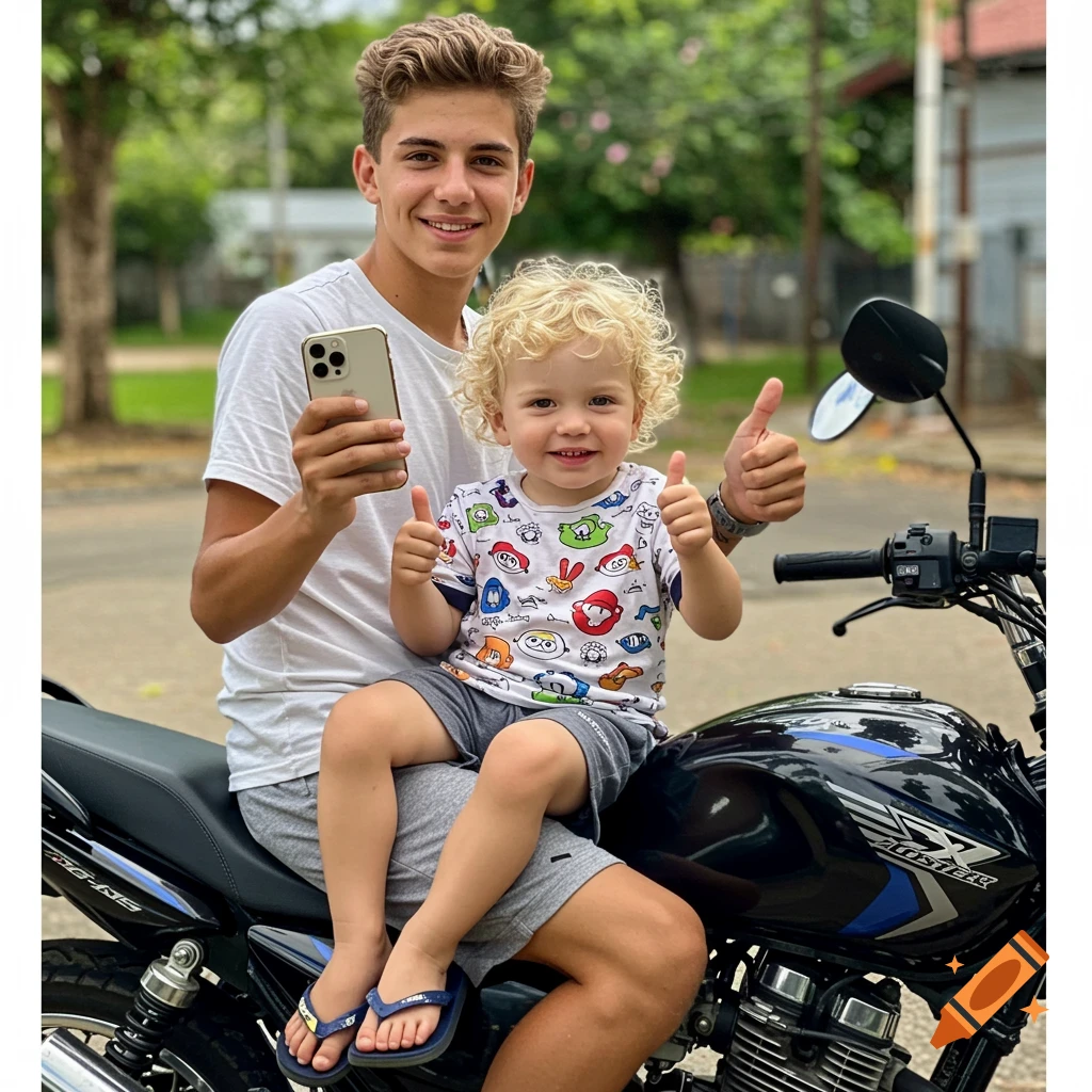 Brazilian toddler on motorcycle with older brother holding iPhone 15 ...