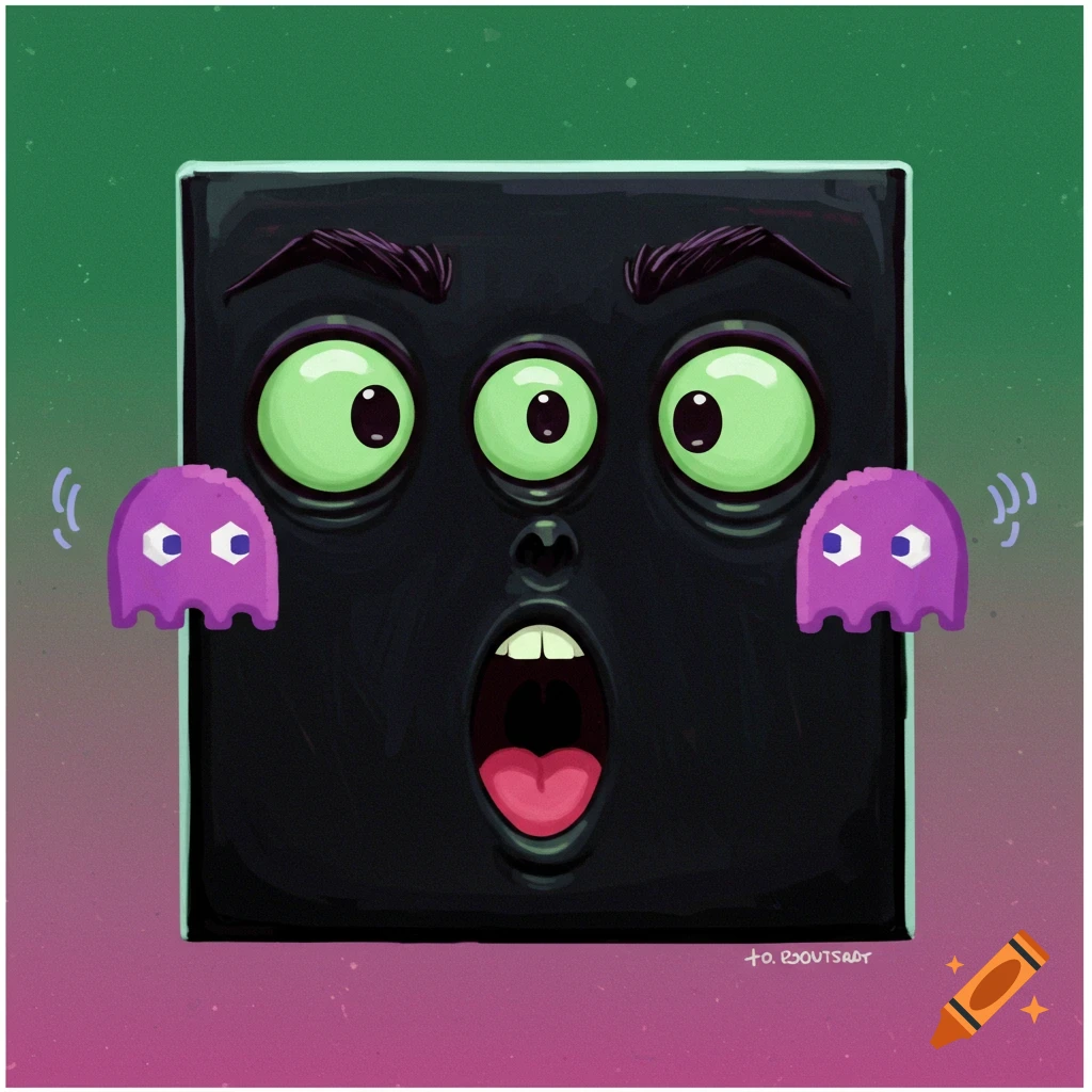 Black square box with green interior, three eyes, eyebrows, domes ...
