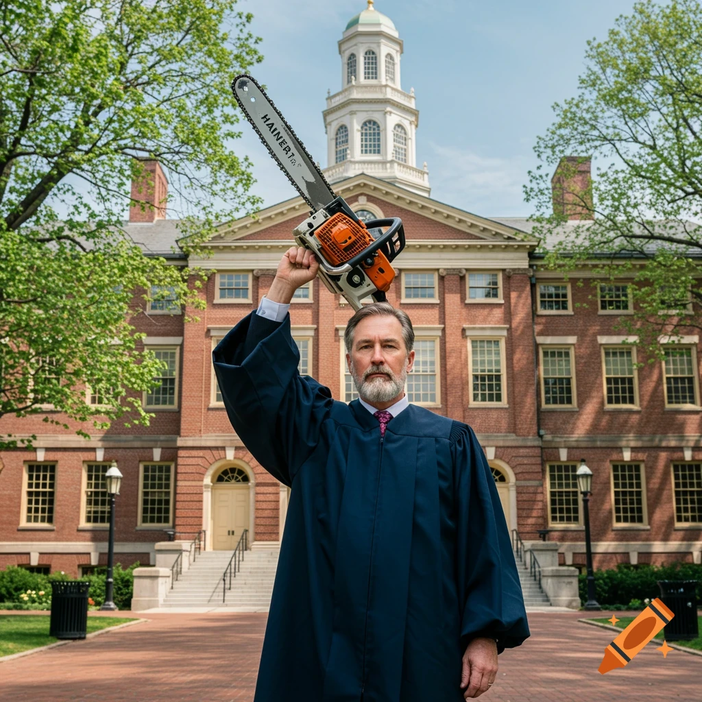 Man in academic robes holding a chainsaw in front of Harvard building ...