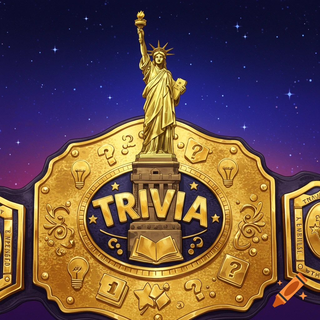 Game show host and contestants on a stage with 'The Trivia Challenge ...