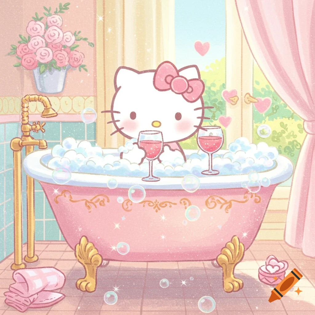 Hello Kitty in bubble bath with wine on Craiyon