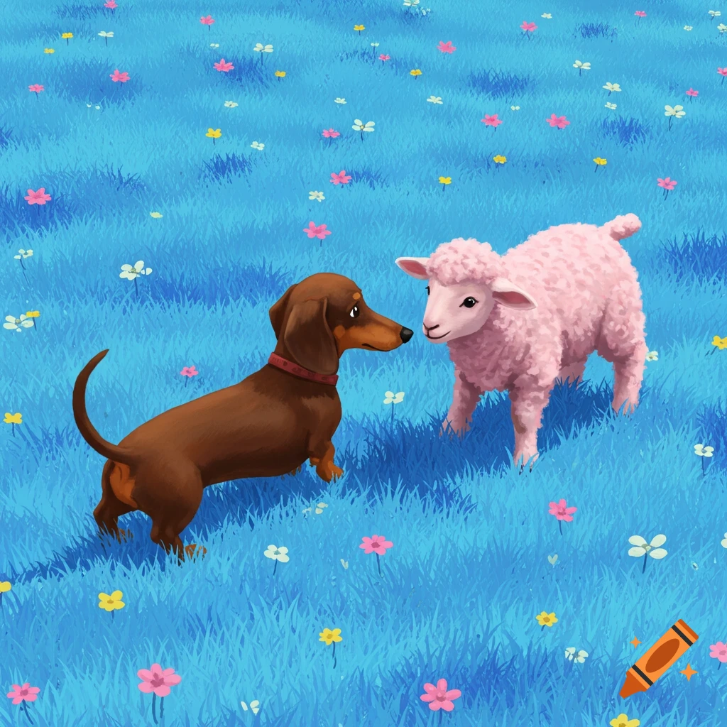 Brown Weiner dog with a pink lamb on a blue grass farm on Craiyon