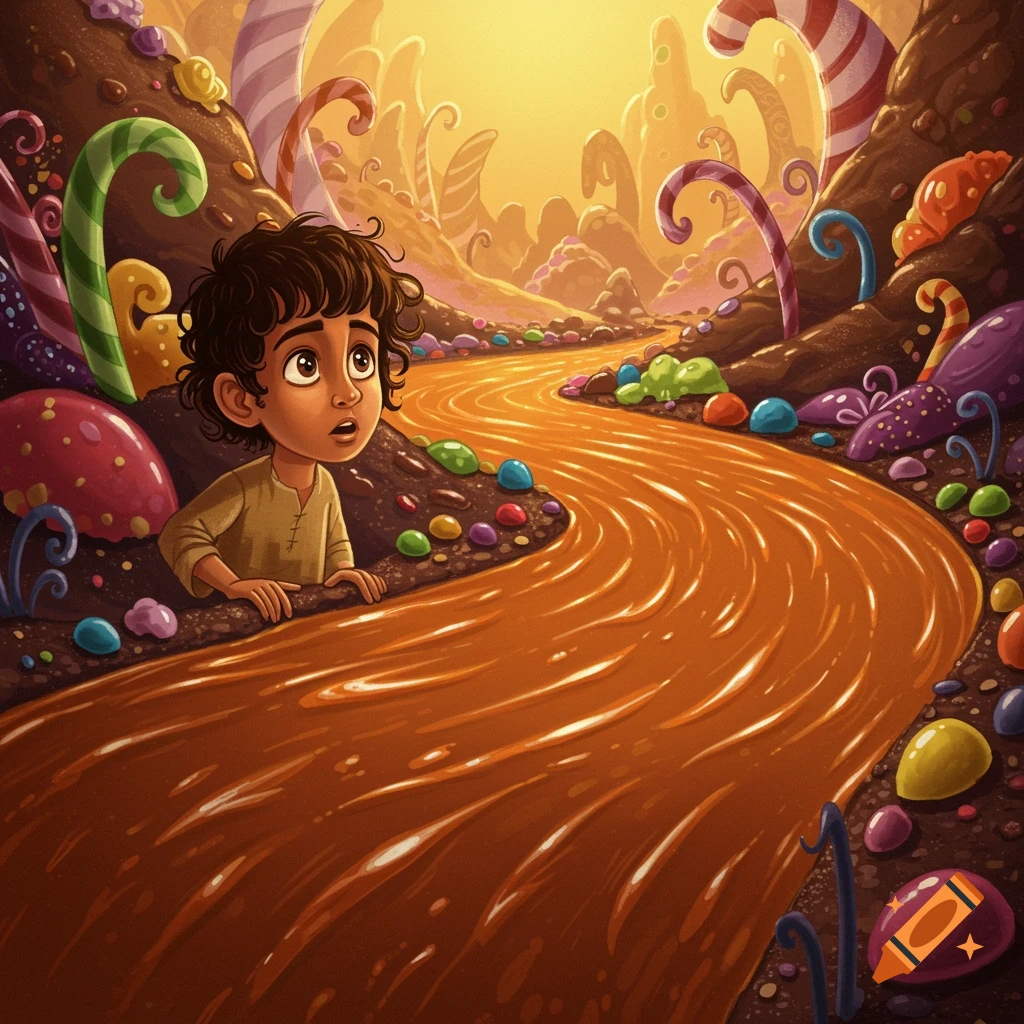 Indian Augustus Gloop looking at Willy Wonka’s chocolate river on Craiyon