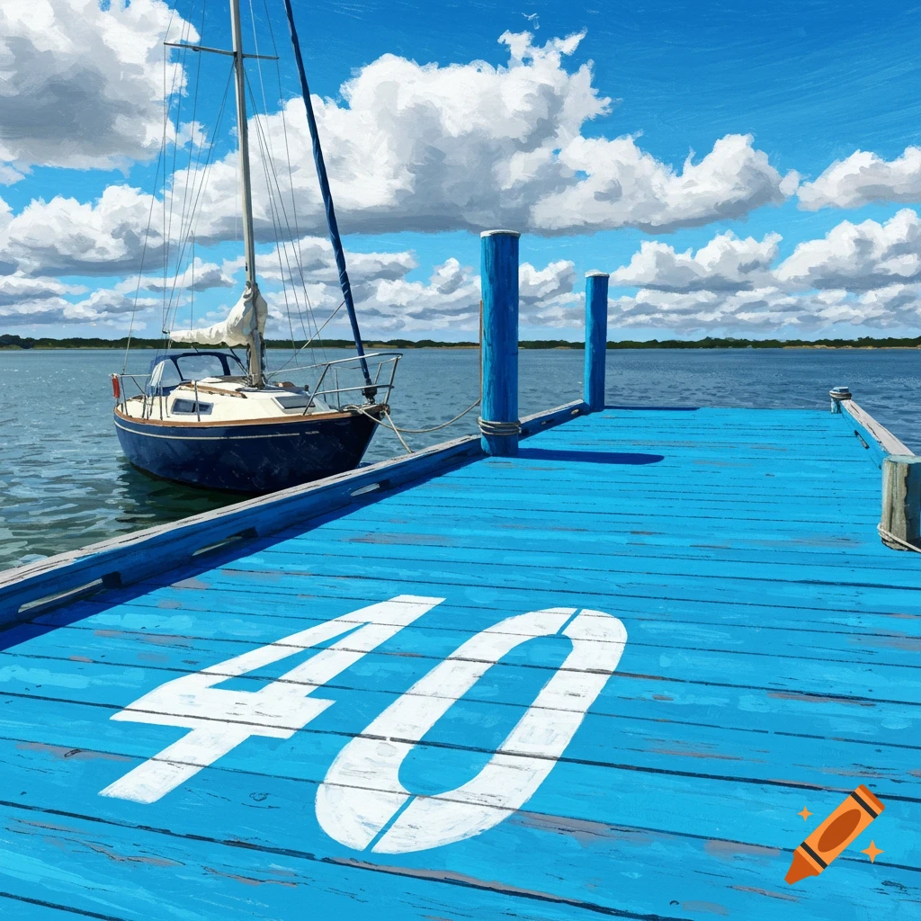 A sailboat tied to a blue dock with the number 40 painted on it. on Craiyon
