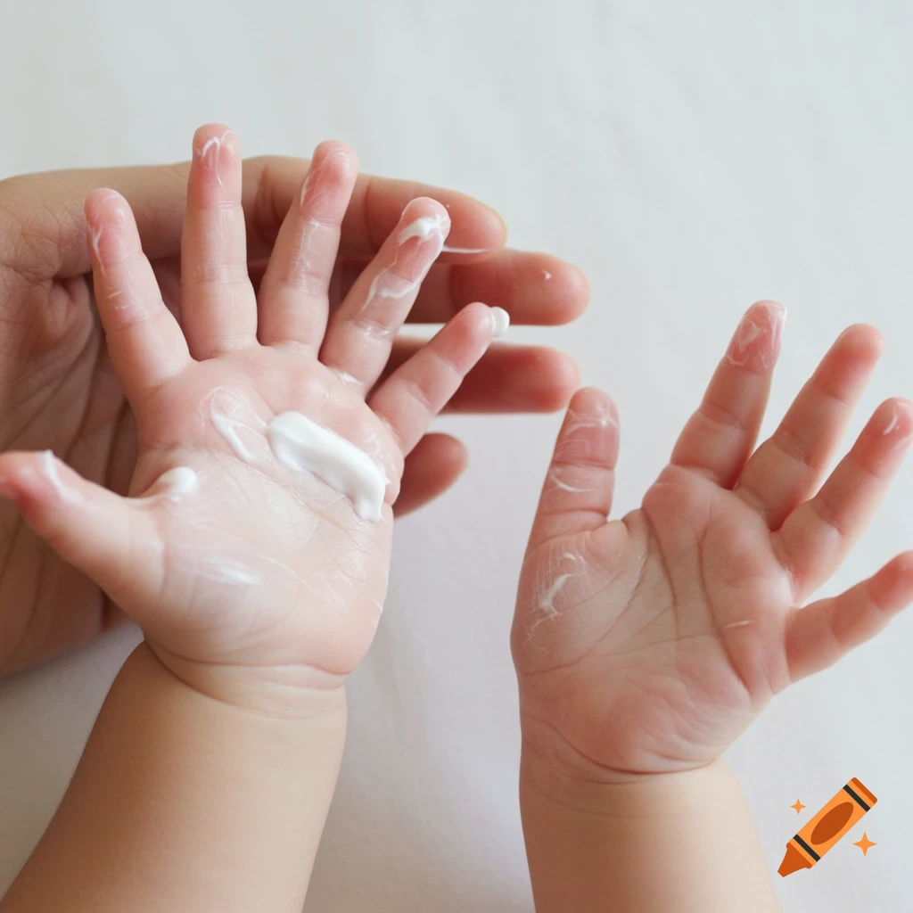 Baby hands with white lotion on Craiyon