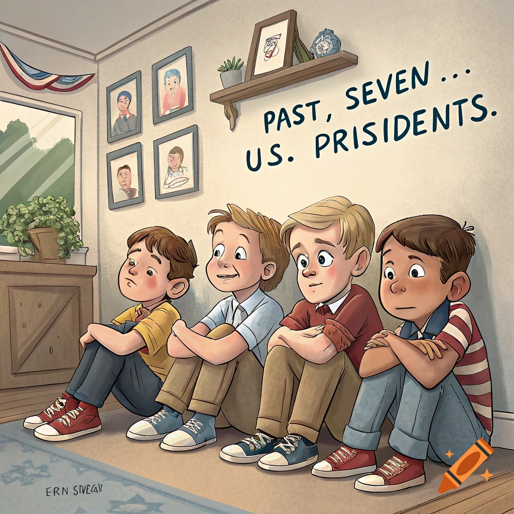 Cartoon illustration of four boys sitting on the floor below portraits ...