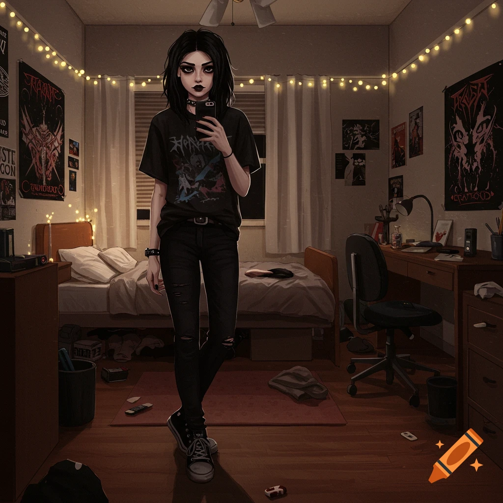 Girl selfie in bedroom, alt goth emo style on Craiyon