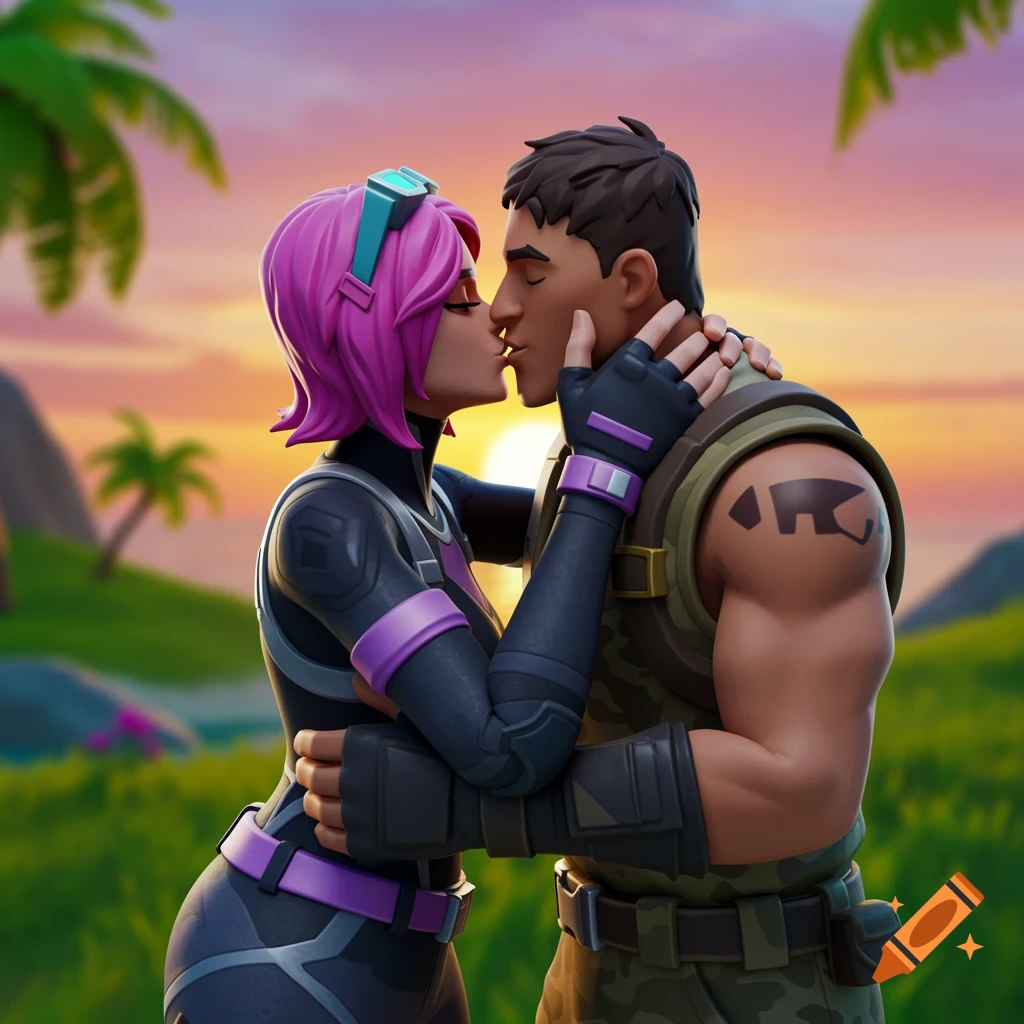 Stylized image of two Fortnite characters kissing at sunset on a tropical island. on Craiyon