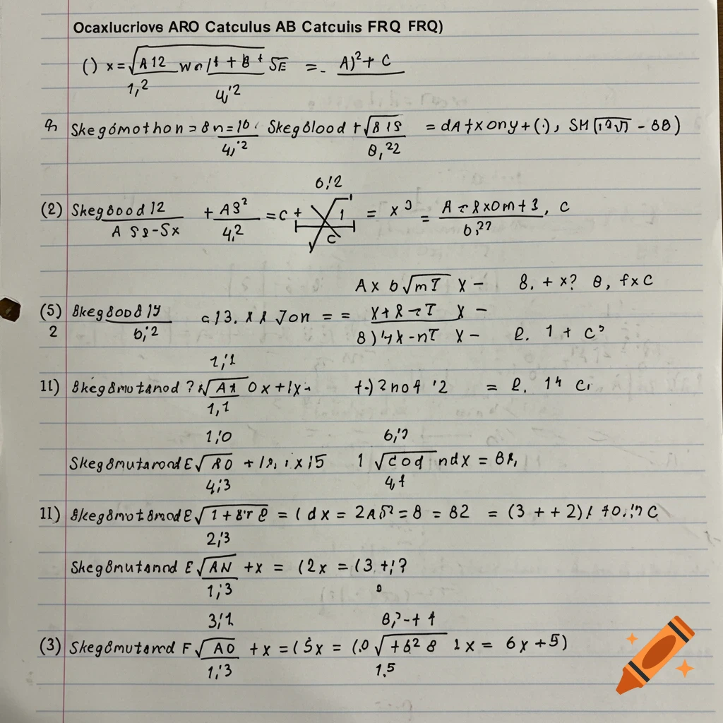 Calculus AB FRQ handwritten notes on lined paper on Craiyon