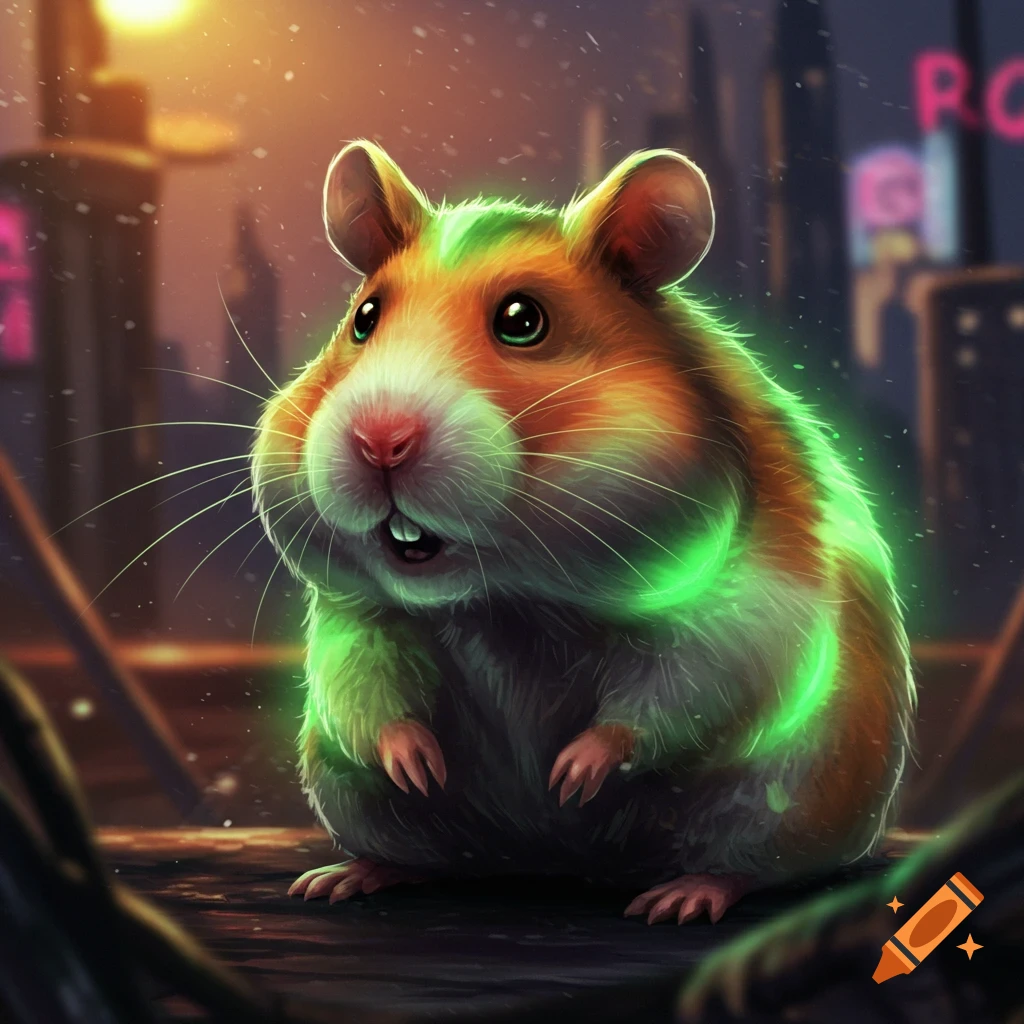 A cute, fluffy hamster wearing a patched green vest sits on a large ...