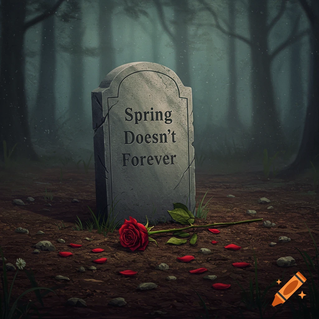 Tombstone reading 'Spring Doesn't Last Forever' with a dead rose on Craiyon