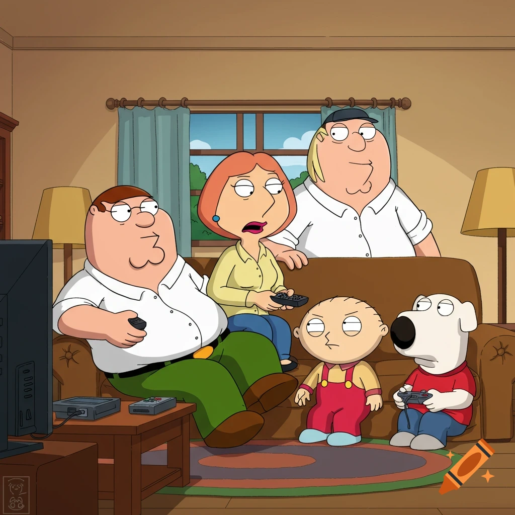 The Family Guy family sits on a couch watching television in their ...