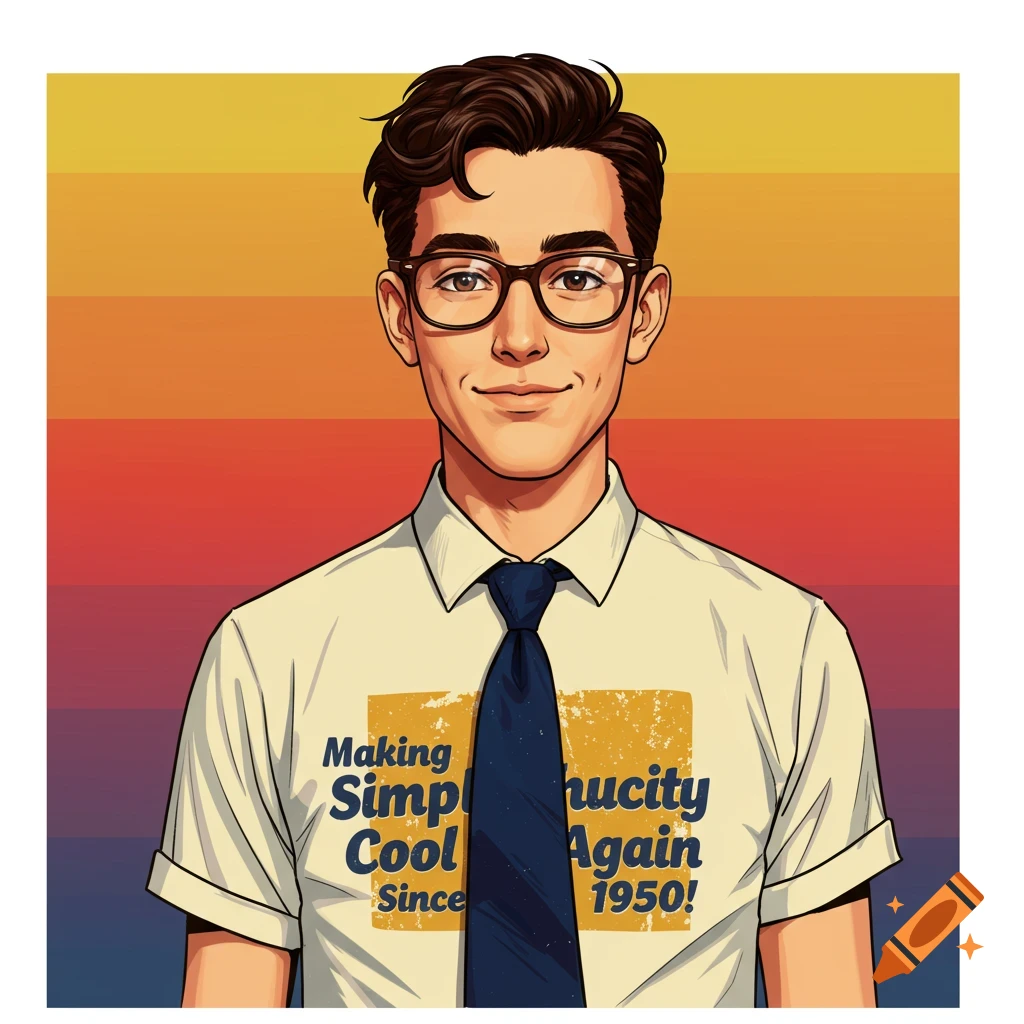 T-shirt design featuring a young man with glasses and a tie, slogan ...