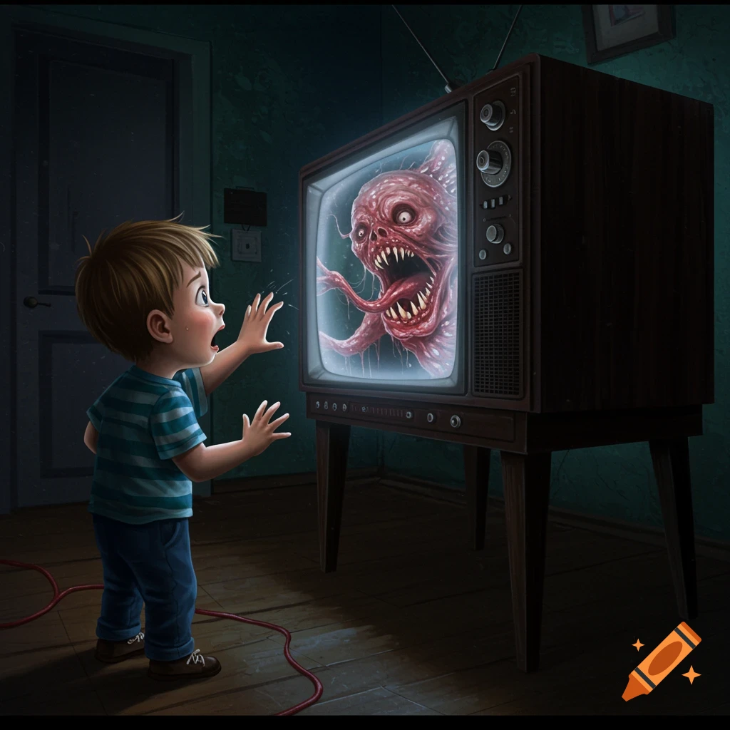 Terrified little boy facing grotesque monster emerging from TV screen ...