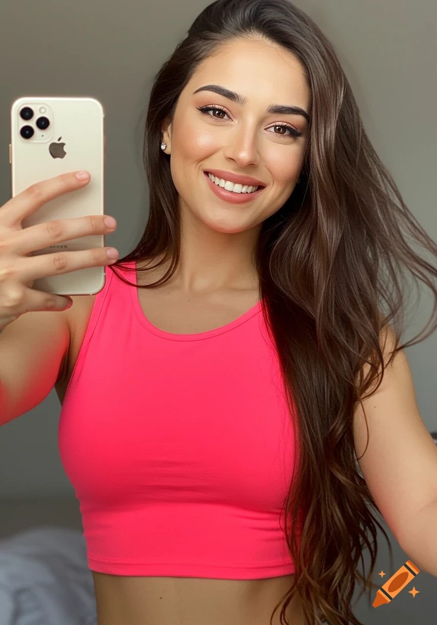 Beautiful woman wearing a crop top taking a selfie on Craiyon