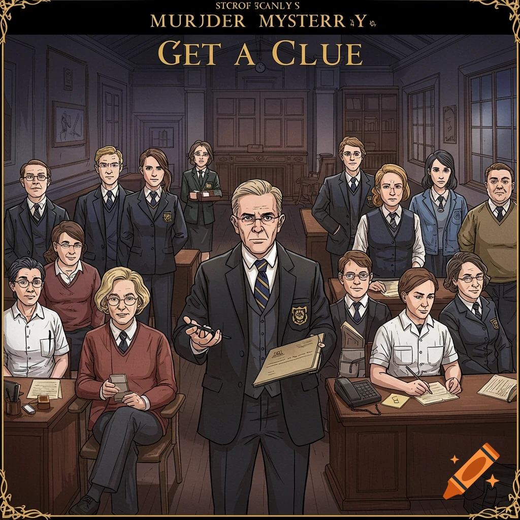 Outline for a murder mystery play, 'Get a Clue', set at a school on Craiyon