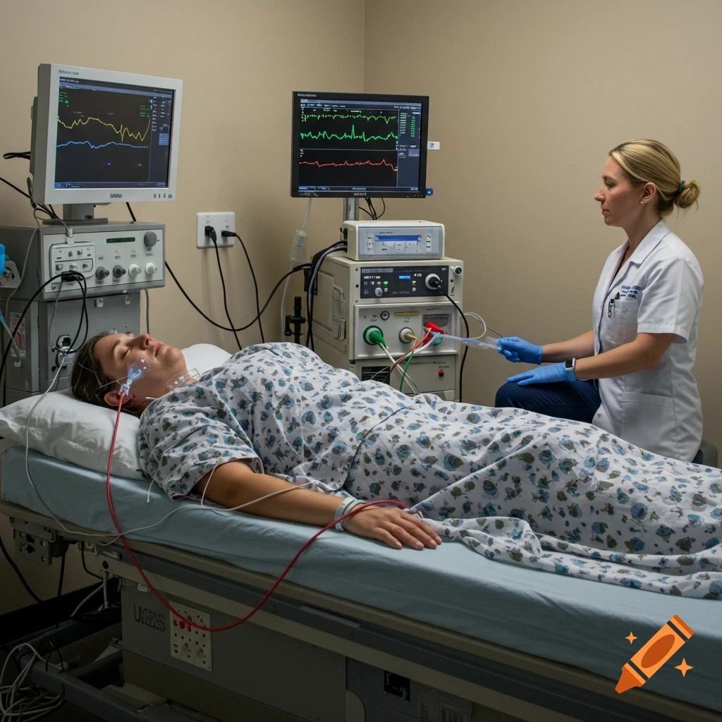 Sleep study with patient connected to sensors in clinic on Craiyon