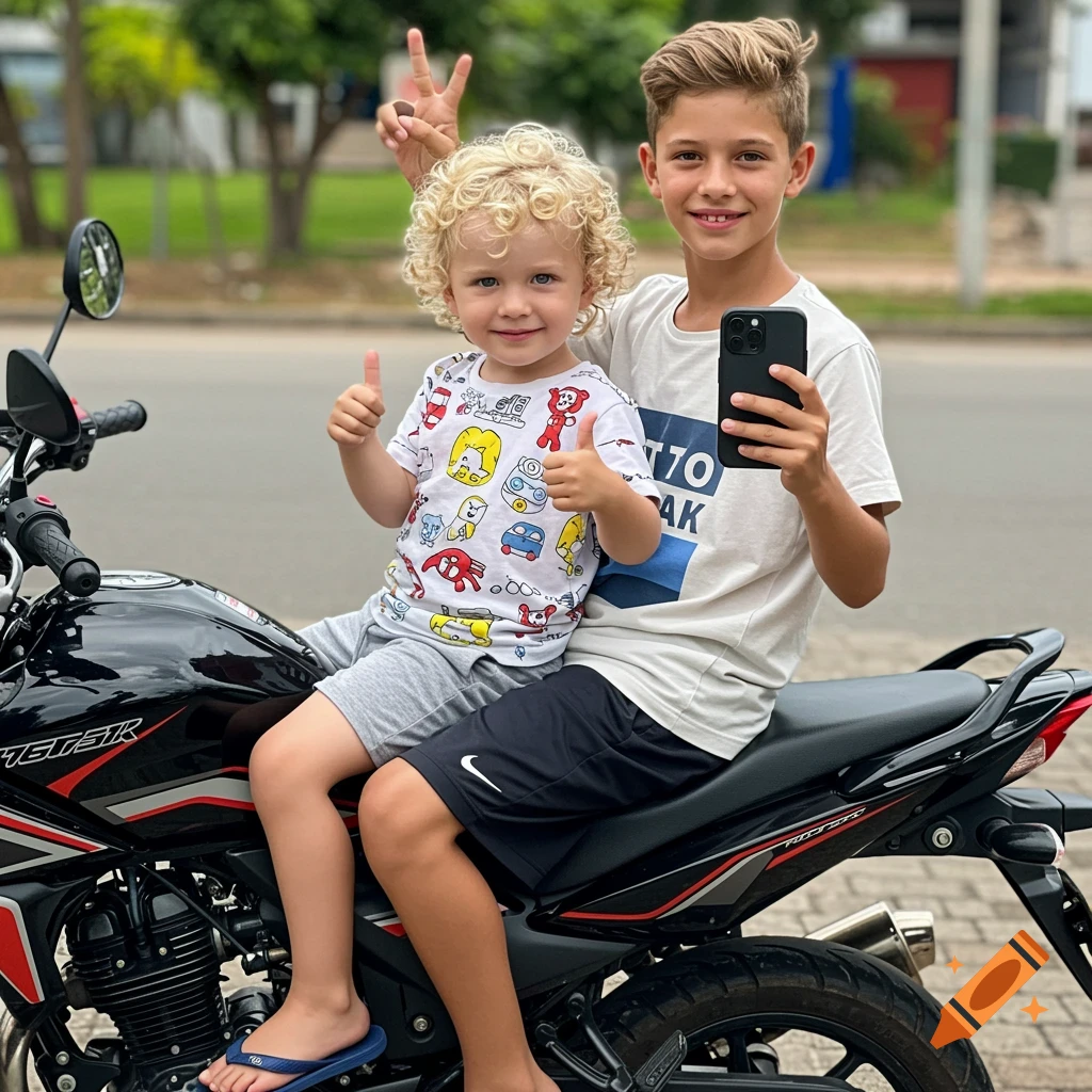 Brazilian toddler on motorcycle with older brother holding iPhone 15 ...