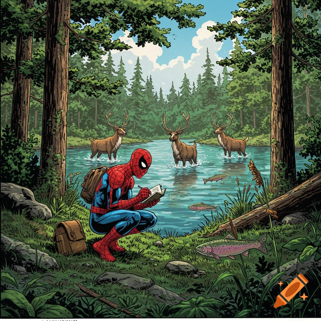 Spider-Man taking notes in forest with caribou and trout on Craiyon