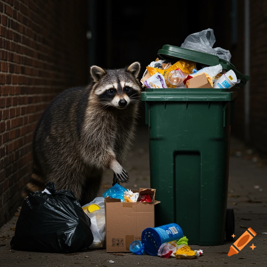 An illustration of a green trash bin overflowing with garbage, next to ...