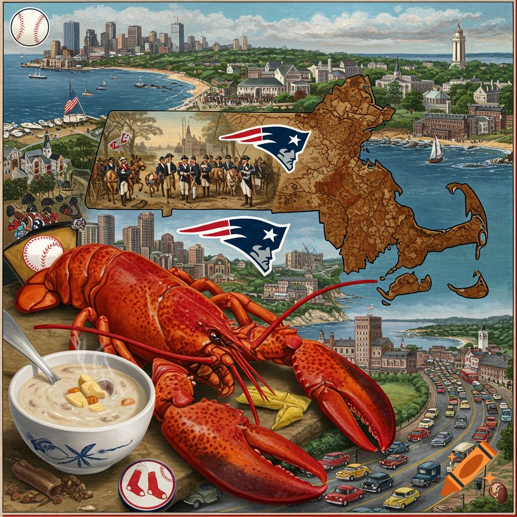 Massachusetts scene with lobster, clam chowder, and sports references ...