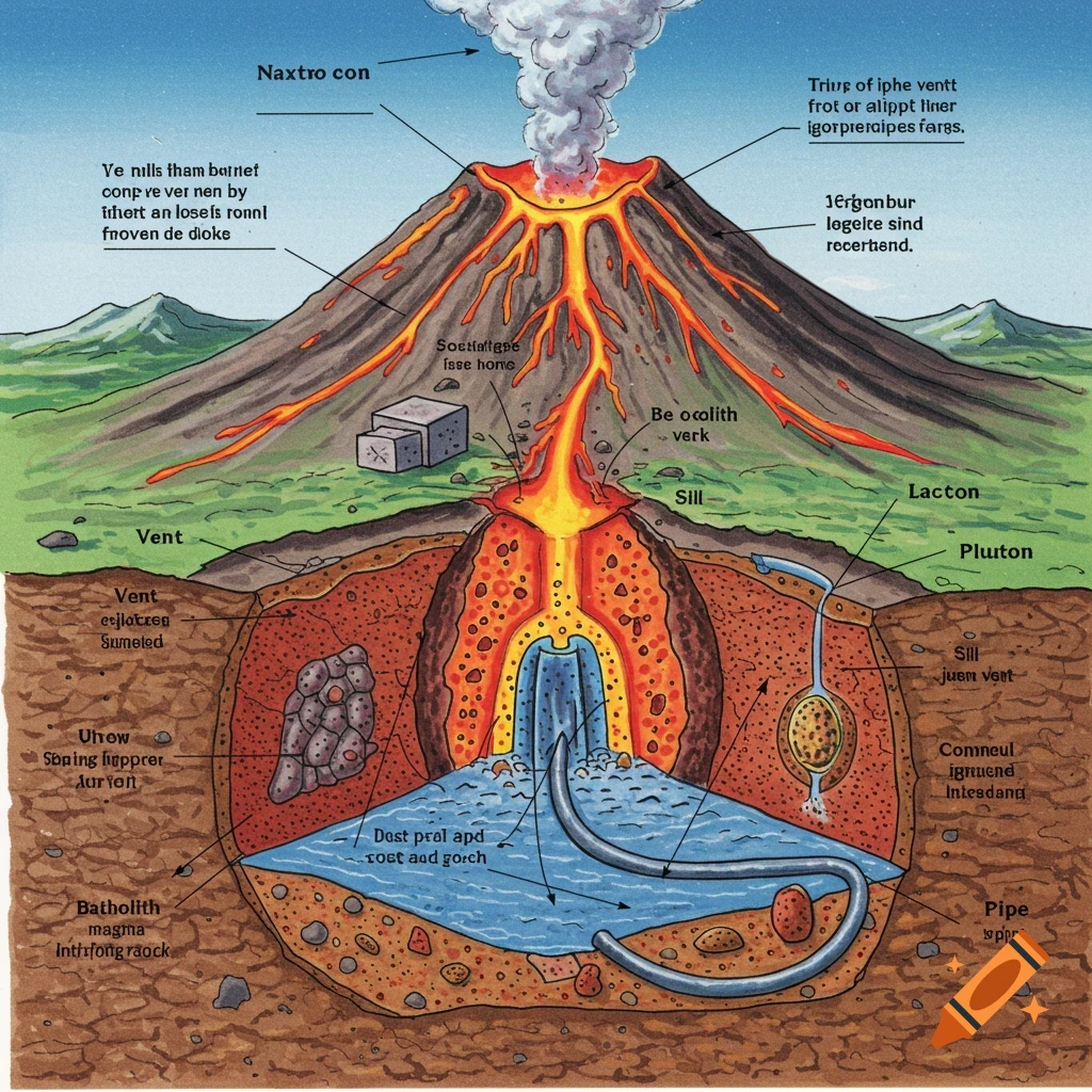 Volcano diagram with labeled parts: vent, bomb, block, lapilli, dust ...