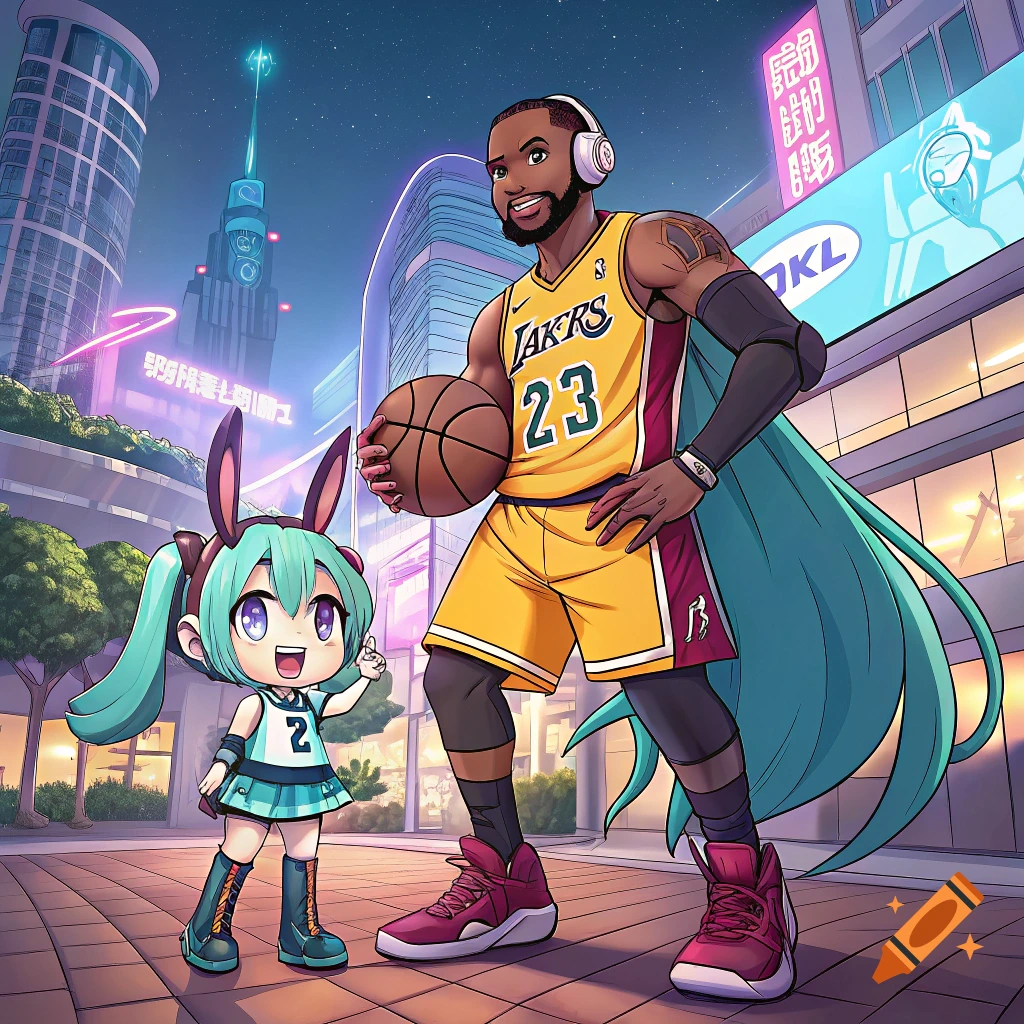 Anime style LeBron James with basketball next to a small anime girl in ...