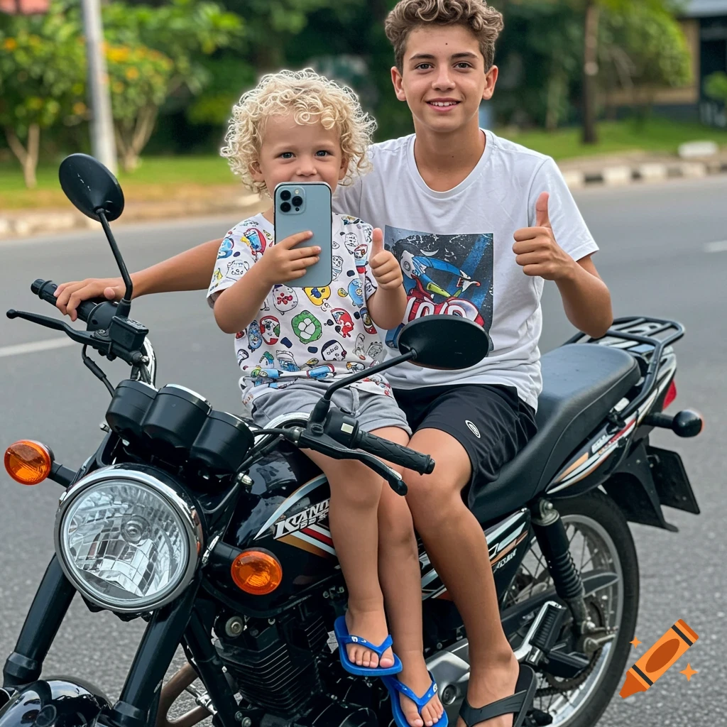 Brazilian toddler and older brother on a motorcycle on Craiyon