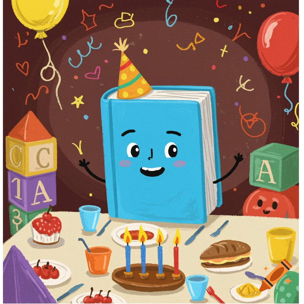 Child's drawing of a book at a dinner party on Craiyon