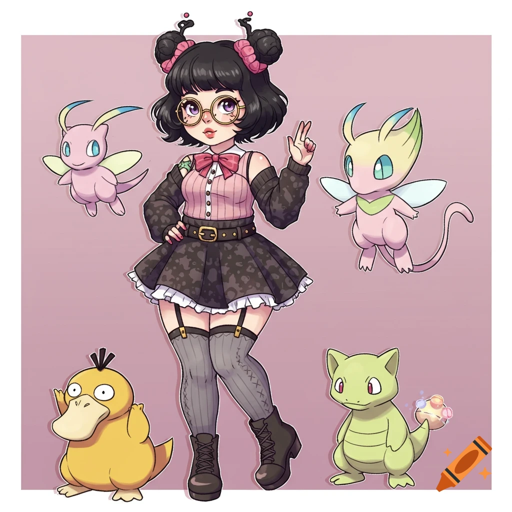 Pokemon trainer with Psyduck, Mew, Celebi, Slowpoke, and Abra on Craiyon